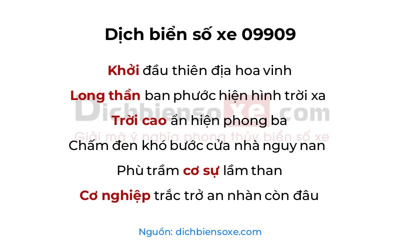 Xem ý nghĩa phong thủy biển số xe 09909 (Trường Tồn Khởi Đầu Viên Mãn)
