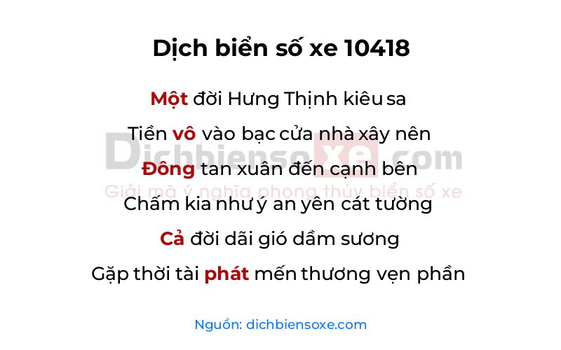 Xem ý nghĩa phong thủy biển số xe 10418 (Không Tử Nhất Phát)