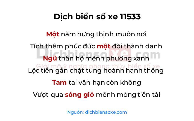 Xem ý nghĩa phong thủy biển số xe 11533 (Sinh Phúc Tam Tài Vương)
