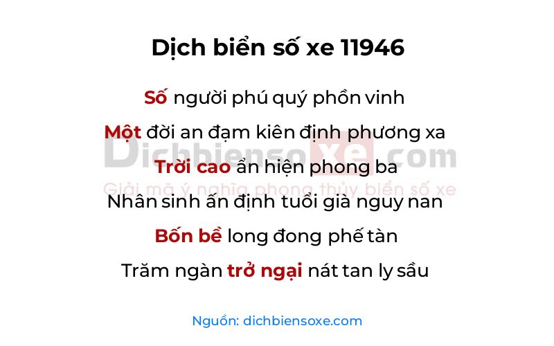 Xem ý nghĩa phong thủy biển số xe 11946 (Nhất Cửu Tử Lộc)