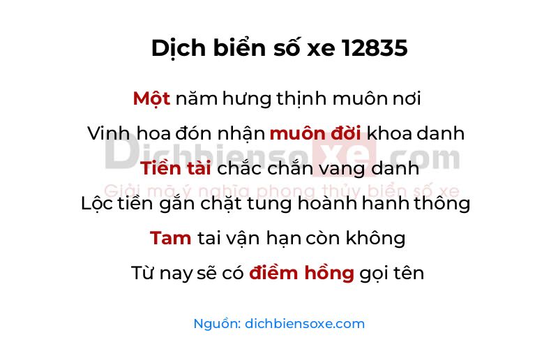 Xem ý nghĩa phong thủy biển số xe 12835 (Mãi Phát Tài Sinh)