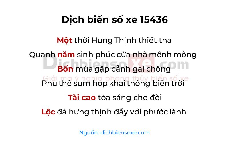 Xem ý nghĩa phong thủy biển số xe 15436 (Bốn Mùa Sinh Tài Lộc Tài Lộc)
