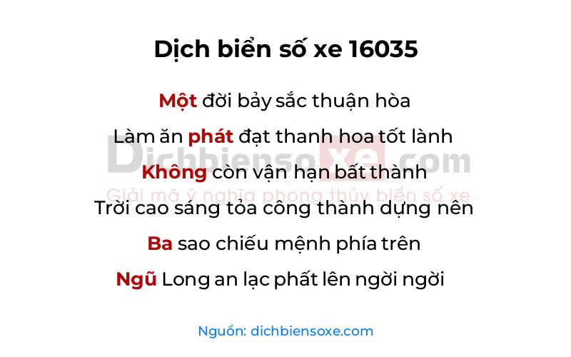 Xem ý nghĩa phong thủy biển số xe 16035 (Lộc Viên Mãn Tài Sinh)