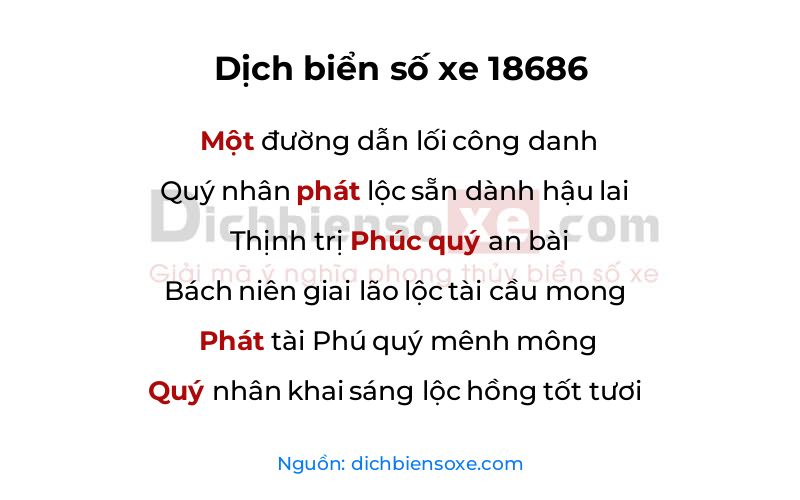 Xem ý nghĩa phong thủy biển số xe 18686 (Phát Lộc)