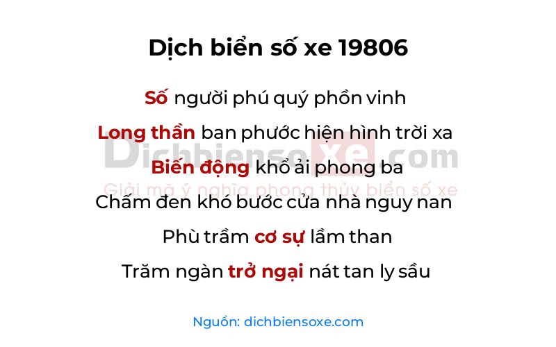 Xem ý nghĩa phong thủy biển số xe 19806 (Phát Đạt Mãi Không Lộc)