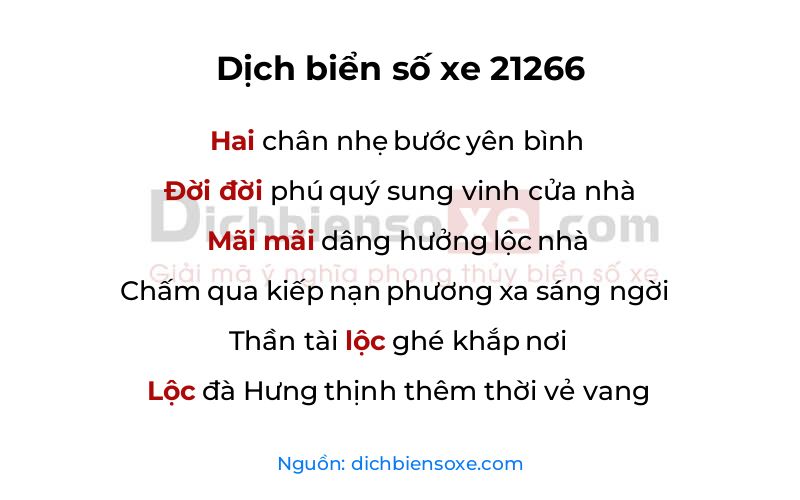 Xem ý nghĩa phong thủy biển số xe 21266 (Nhất Mãi Song Lộc)