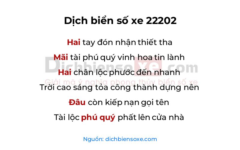 Xem ý nghĩa phong thủy biển số xe 22202 (Song Hỷ Hạnh Phúc)