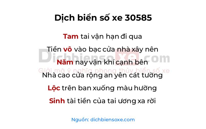 Xem ý nghĩa phong thủy biển số xe 30585 (Phú Quý Thọ Khang Ninh Phát Sinh)
