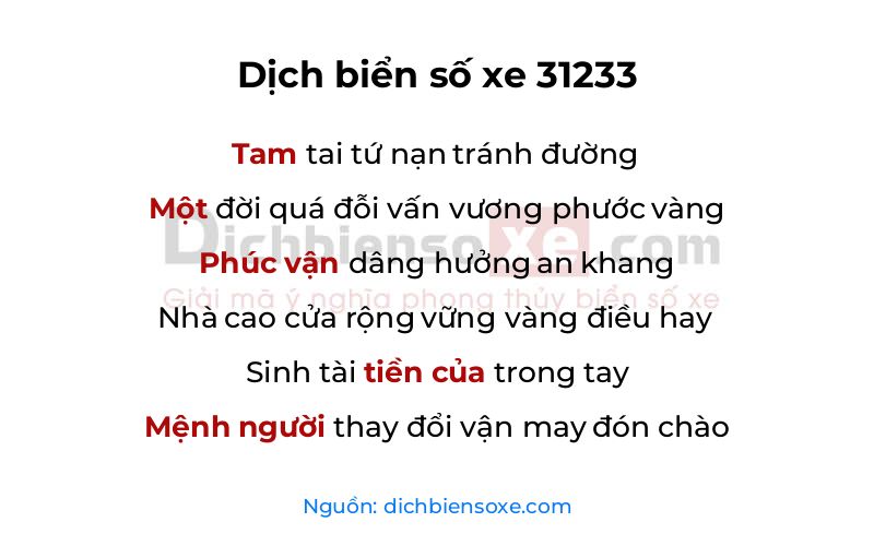 Xem ý nghĩa phong thủy biển số xe 31233 (Nhất Mãi Tam Tài Vương)