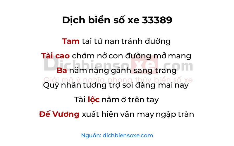 Xem ý nghĩa phong thủy biển số xe 33389 (Tam Tài Vương Phát Trường Cửu)