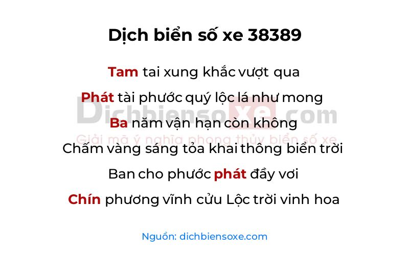 Xem ý nghĩa phong thủy biển số xe 38389 (Phát Tài Phát Trường Cửu)