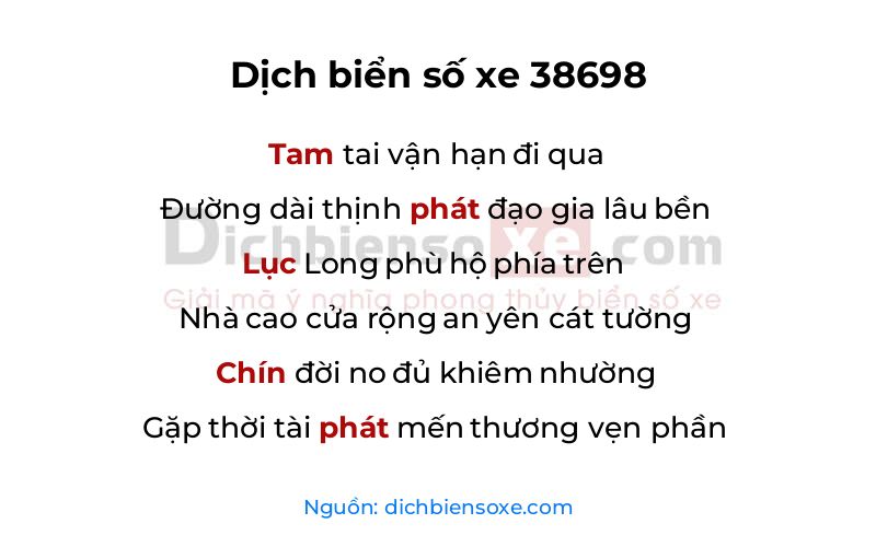 Xem ý nghĩa phong thủy biển số xe 38698 (Phát Lộc Phát Đạt Mãi)