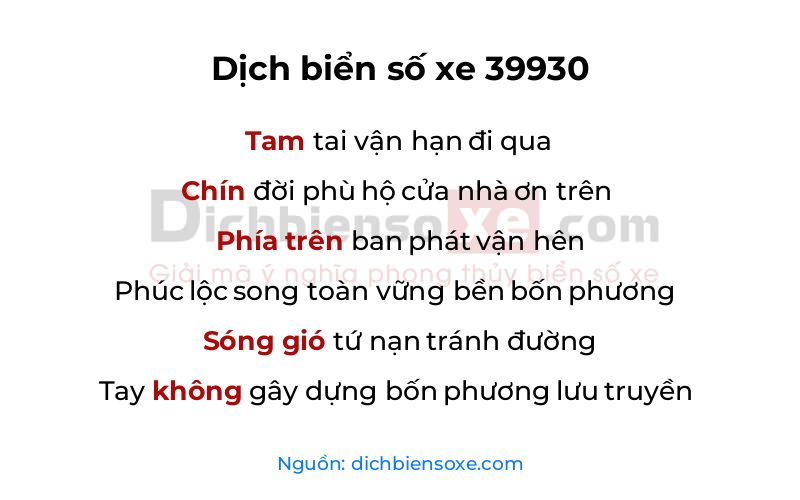 Xem ý nghĩa phong thủy biển số xe 39930 (Trường Tồn Viên Mãn)