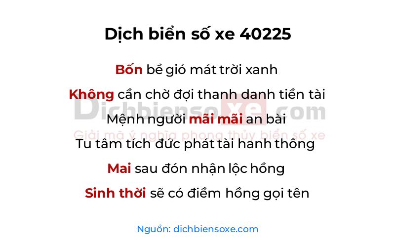 Xem ý nghĩa phong thủy biển số xe 40225 (Hạnh Phúc Mãi Sinh)