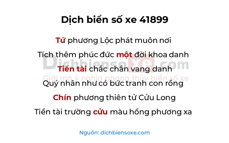 Xem ý nghĩa phong thủy biển số xe 41899 (Nhất Phát Trường Tồn)