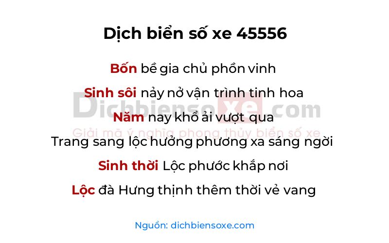 Xem ý nghĩa phong thủy biển số xe 45556 (Đại Phúc Sinh Lộc)