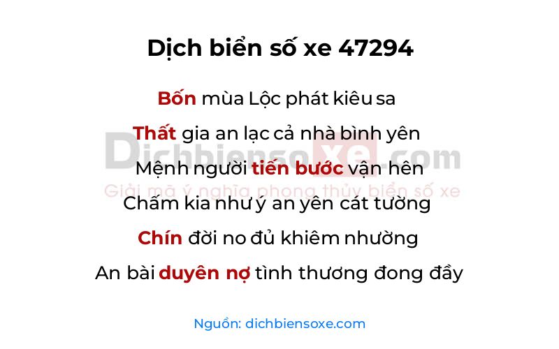 Xem ý nghĩa phong thủy biển số xe 47294 (Thất Mãi Trường Cửu Phất)