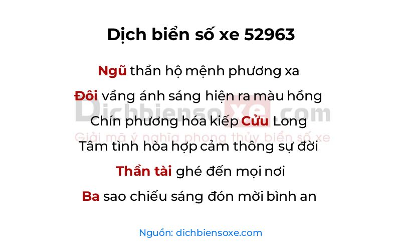 Xem ý nghĩa phong thủy biển số xe 52963 (Mãi Vĩnh Cửu Lộc Tài)
