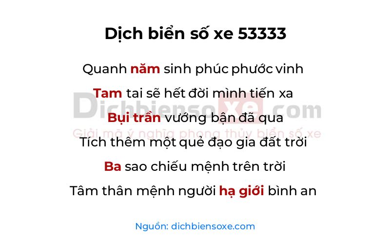 Xem ý nghĩa phong thủy biển số xe 53333 (Tam Tài Vương)