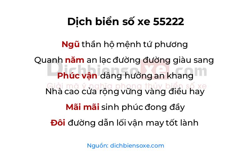 Xem ý nghĩa phong thủy biển số xe 55222 (Phúc Mãi Song Hỷ)