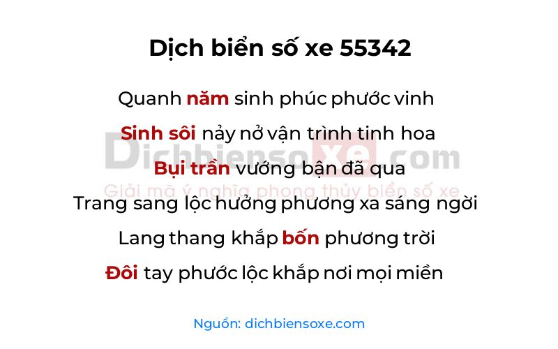 Xem ý nghĩa phong thủy biển số xe 55342 (Vận Hạn Bốn Mùa Hạnh Phúc)