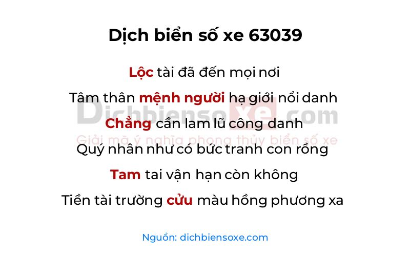Xem ý nghĩa phong thủy biển số xe 63039 (Viên Mãn Thần Tài Nhỏ)