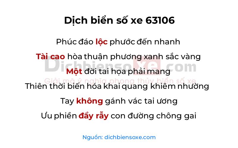 Xem ý nghĩa phong thủy biển số xe 63106 (Tài Sinh Không Lộc)