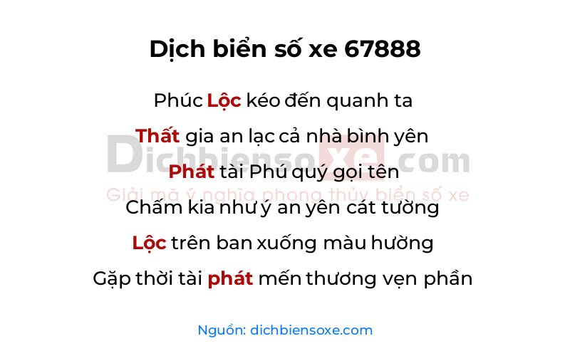 Xem ý nghĩa phong thủy biển số xe 67888 (Thất Bát Đại Phát)