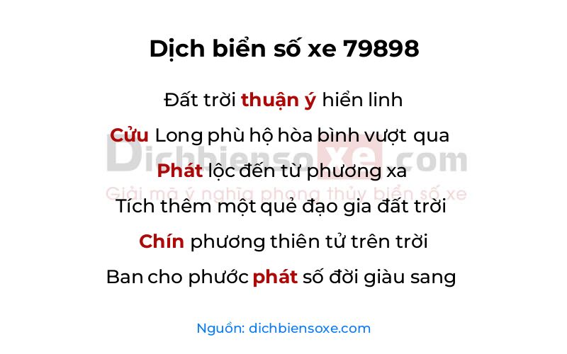Xem ý nghĩa phong thủy biển số xe 79898 (Phát Đạt Mãi)