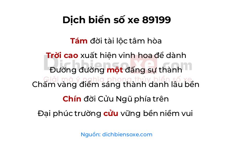 Xem ý nghĩa phong thủy biển số xe 89199 (Nhất Định Trường Cửu Trường Tồn)