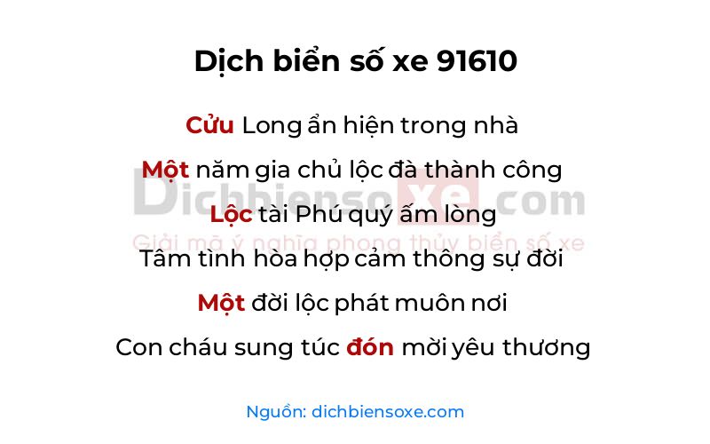 Xem ý nghĩa phong thủy biển số xe 91610 (Nhất Lộc Nhất Không)