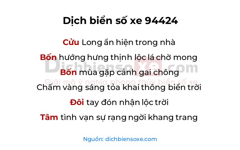 Xem ý nghĩa phong thủy biển số xe 94424 (Tứ Tử Mãi Phất)